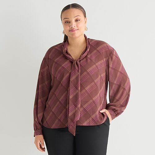Click here for Worthington Womens Plus Split Tie Neck Long Sleeve... prices