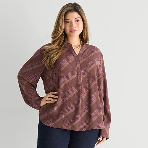 Click here for Worthington Womens Plus Henley Neck Long Sleeve Bl... prices