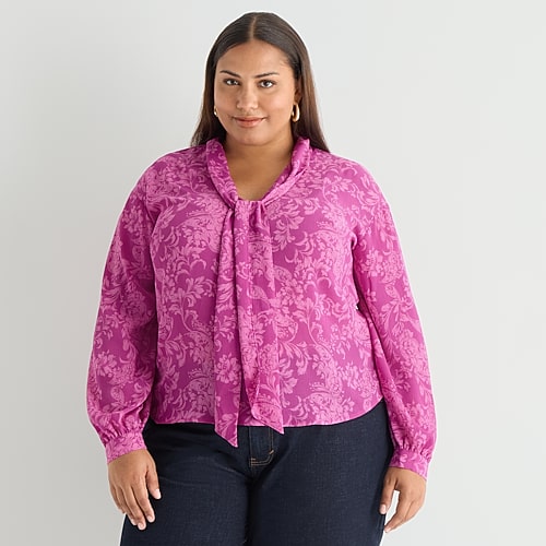 Click here for Worthington Womens Plus Split Tie Neck Long Sleeve... prices