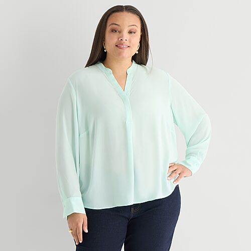 Click here for Worthington Womens Plus Henley Neck Long Sleeve Bl... prices