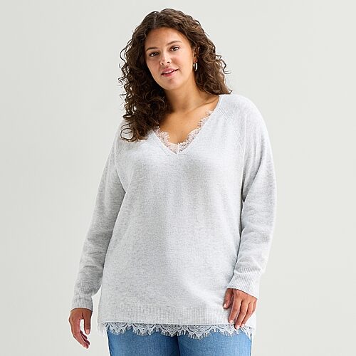 Click here for A.N.A Plus Lace Trim Womens V Neck Long Sleeve Pul... prices