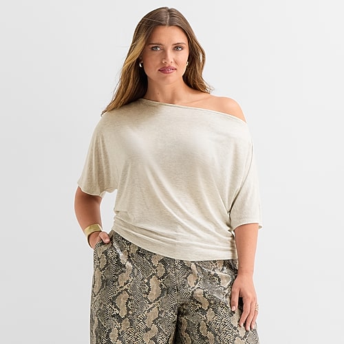 Click here for Ashley Graham Womens Plus Asymmetrical Neck Short... prices