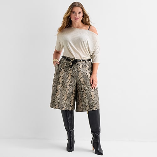 Click here for Ashley Graham Womens Plus Faux Leather Python Jort... prices