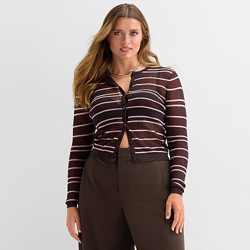 Click here for Ashley Graham Womens Plus Sheer Stripe Rib Cardiga... prices