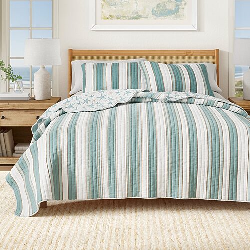 Click here for Linery Reversible Coastal Stripe Easy Care Quilt S... prices