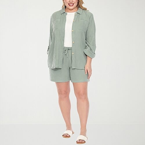 Click here for White Mark Plus Size Gauze Button-Front Shirt Shor... prices